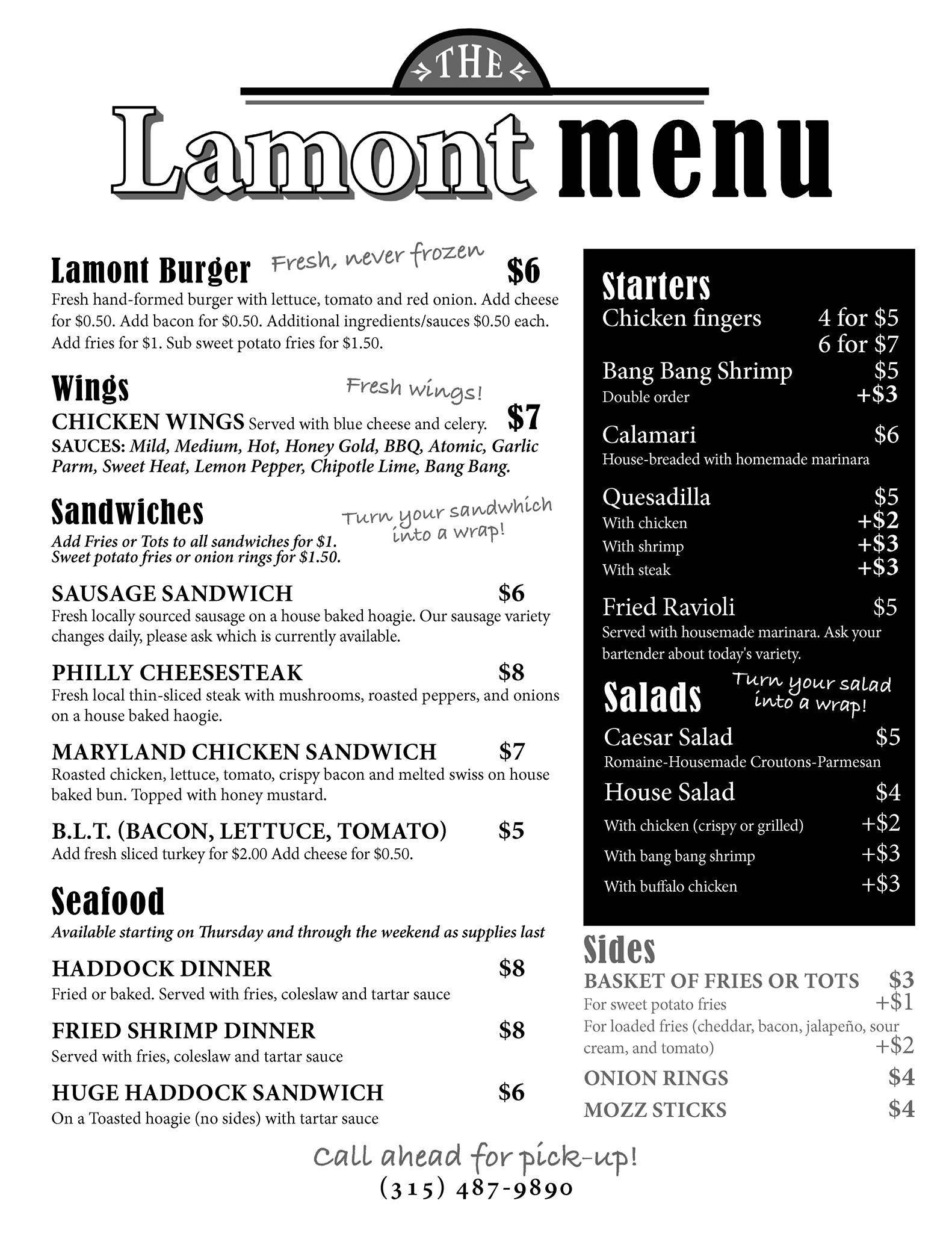 Menu at Lamont Tavern pub & bar, Solvay