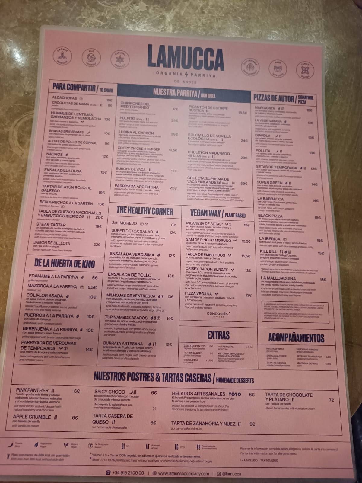 Carta del restaurante Lamucca, Madrid, Av. del los Andes