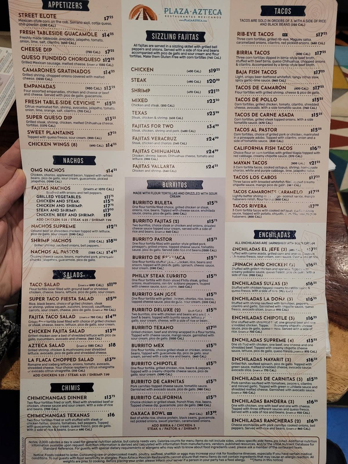 Menu at Plaza Azteca Mexican Restaurant · Lancaster, Lancaster ...