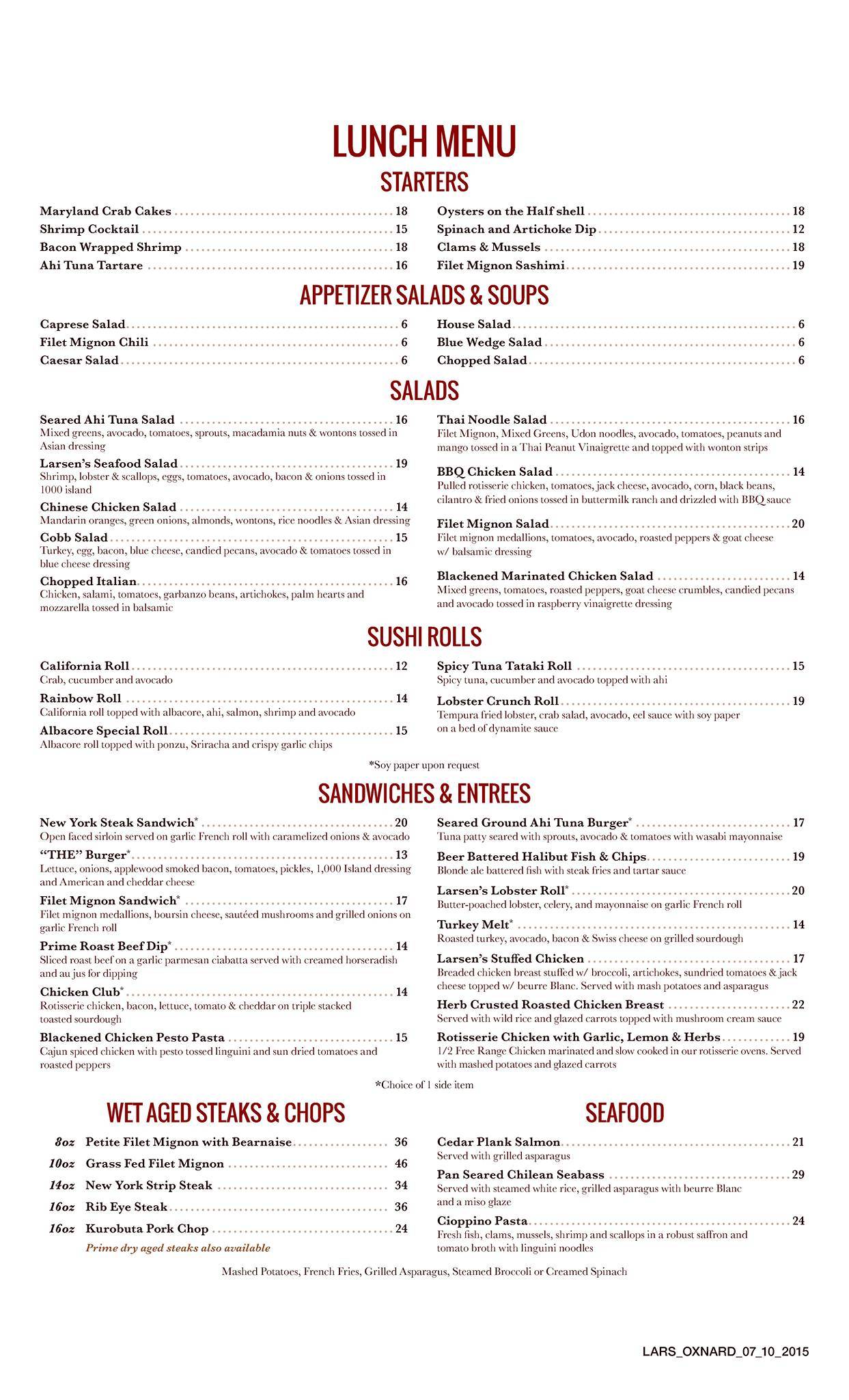 Menu at Larsen's Grill -- Oxnard steakhouse, Oxnard