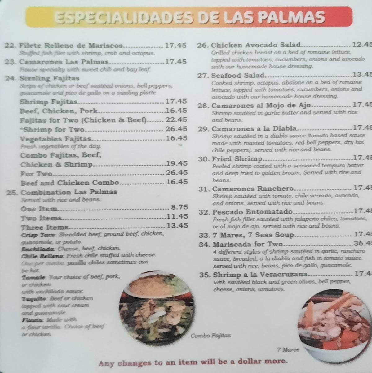 Menu at Las Palmas Mexican Cuisine restaurant, Yucca Valley
