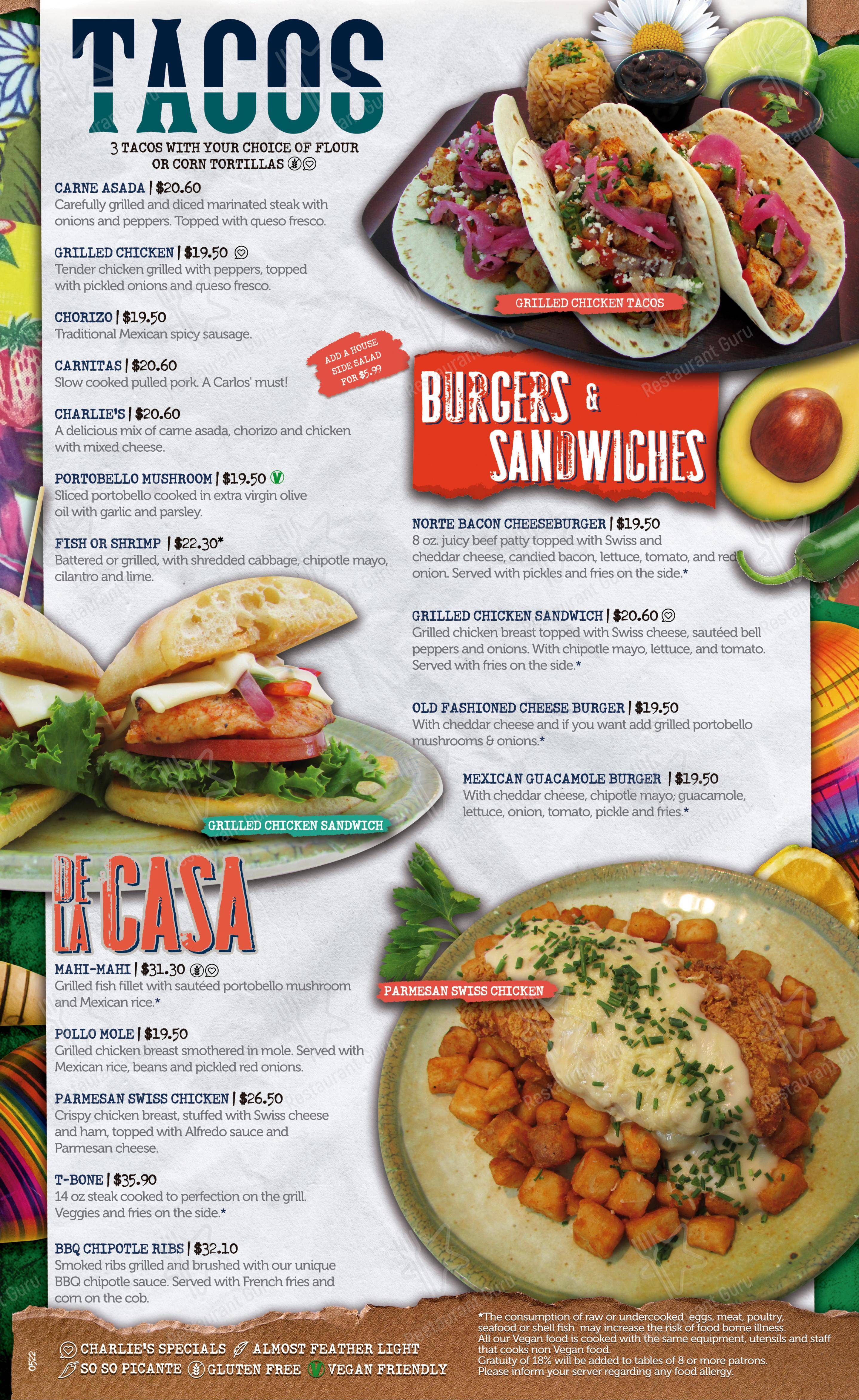 Menu at Carlos 'n Charlie's Restaurant Las Vegas, Las Vegas