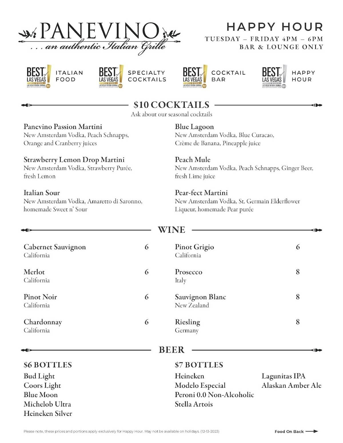 Menu at Panevino Italian Grille & Deli Café restaurant, Las Vegas
