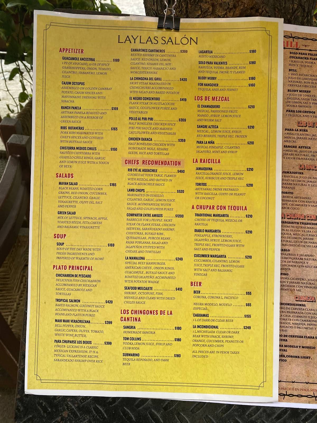 Menu at Layla's Restaurante, Puerto Vallarta
