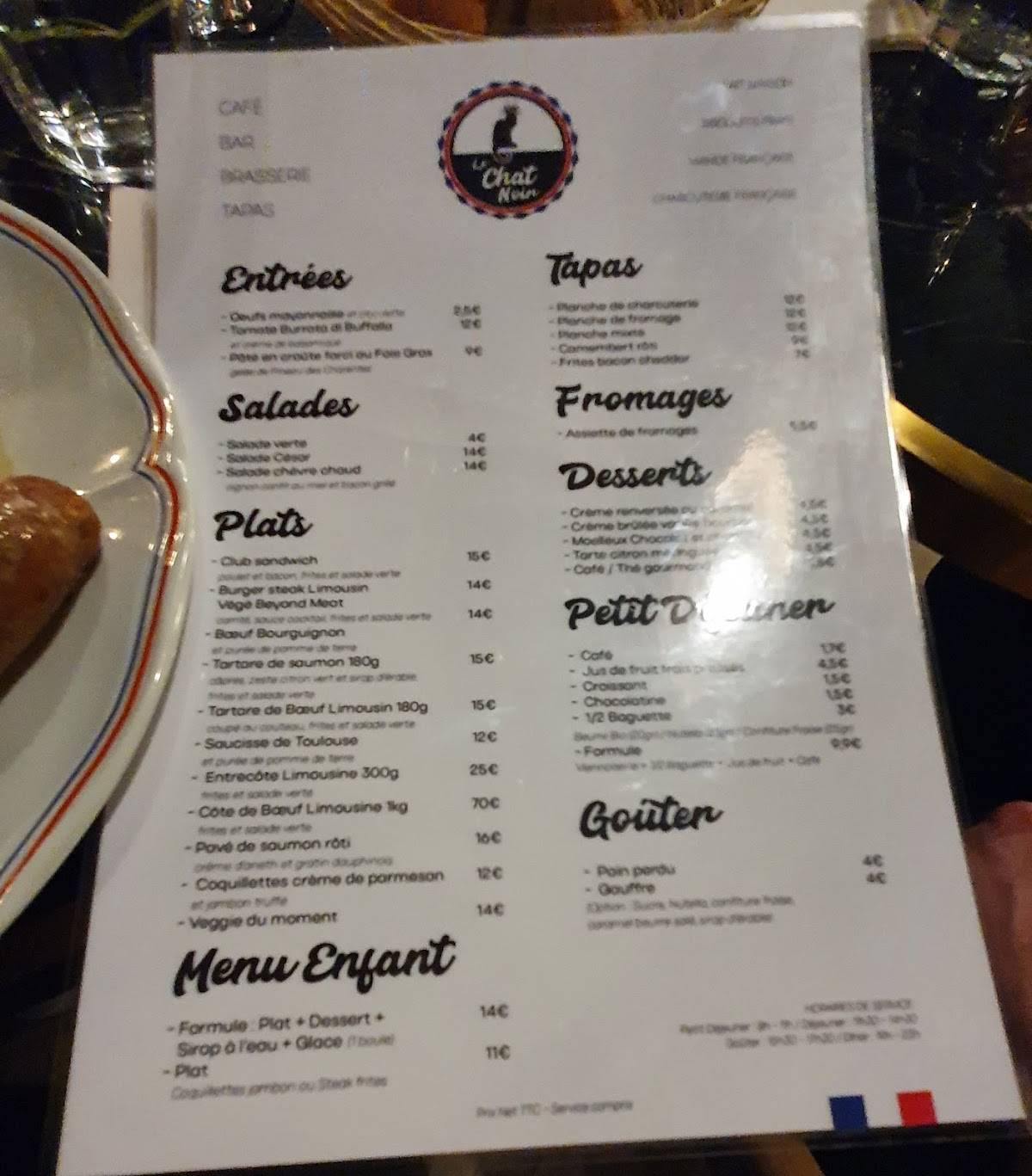 Menu au Le Chat Noir restaurant, Angoulême