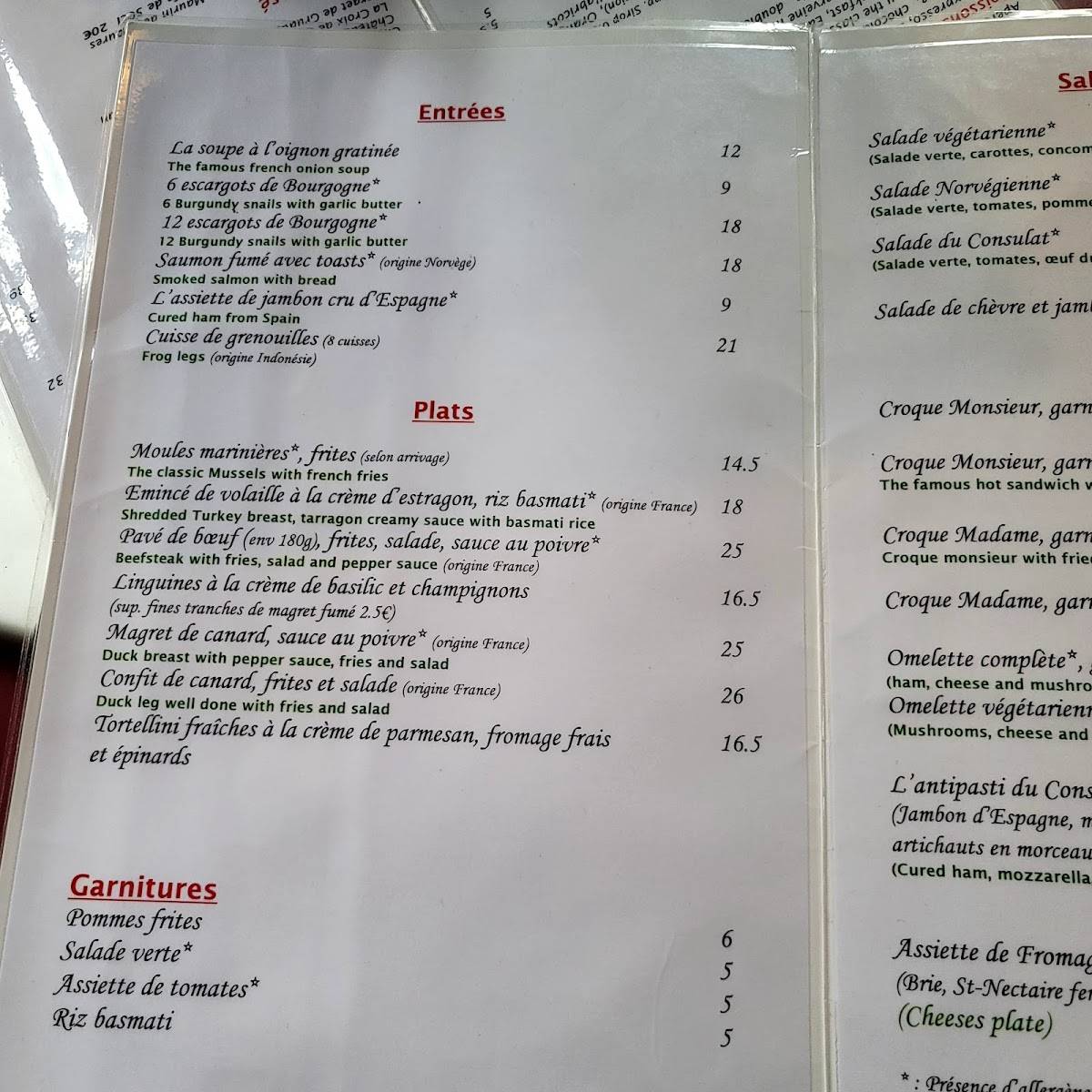 Menu at Le Consulat restaurant, Paris, 18 Rue Norvins