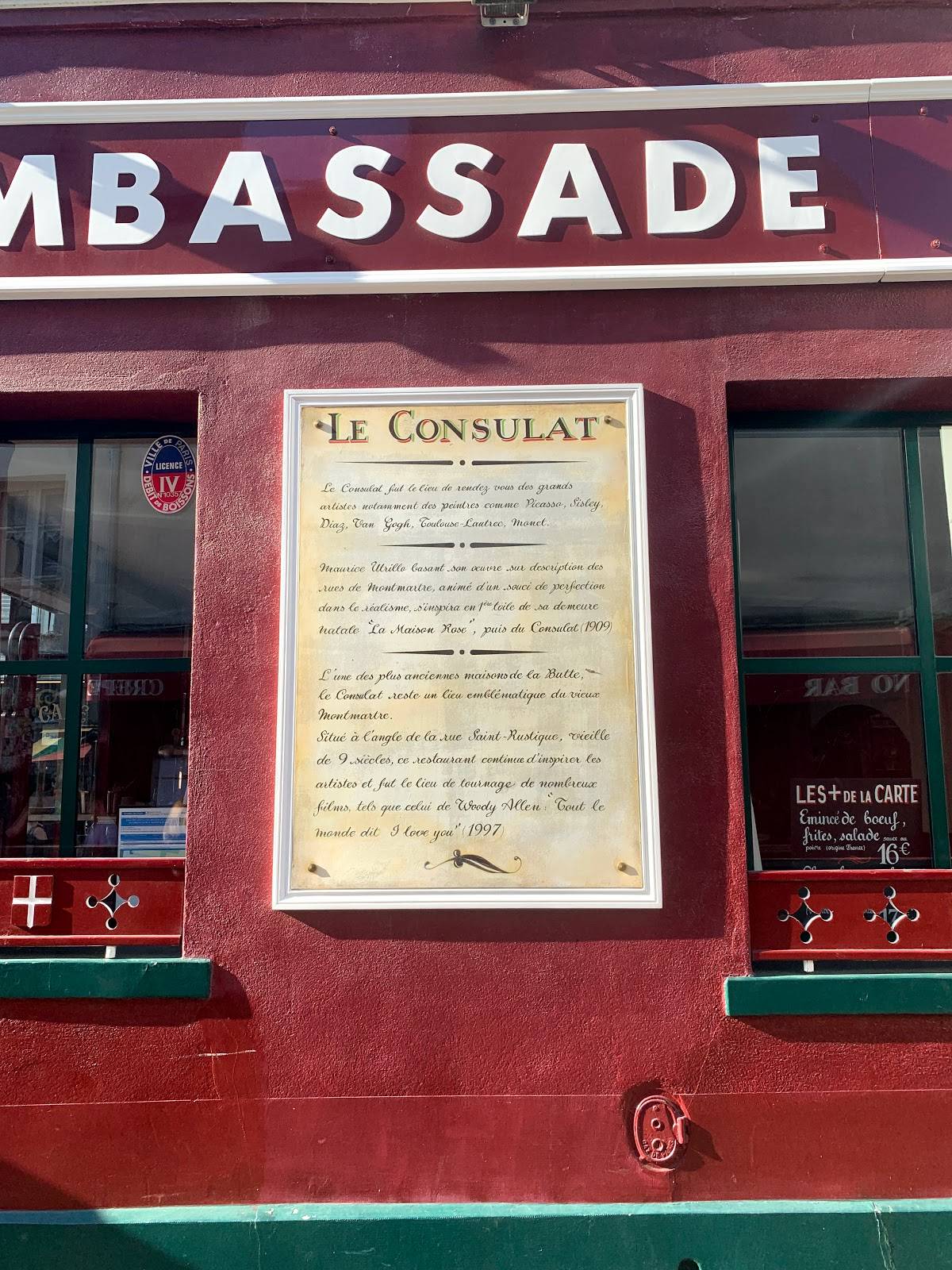 Menu at Le Consulat restaurant, Paris, 18 Rue Norvins