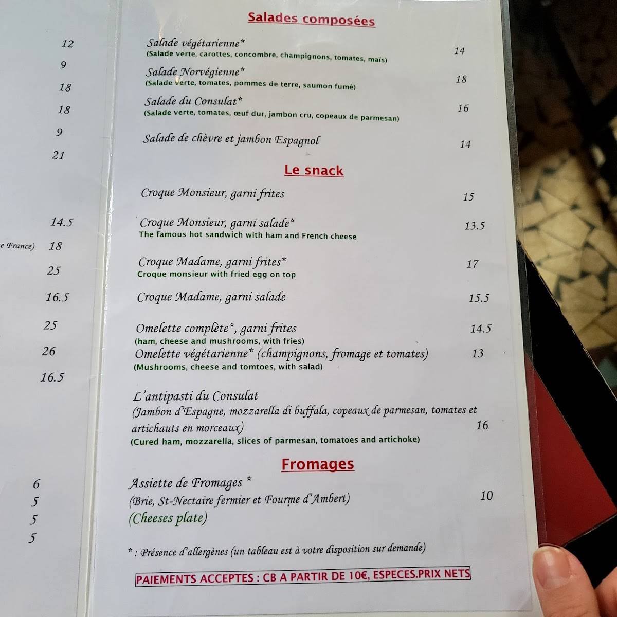 Menu at Le Consulat restaurant, Paris, 18 Rue Norvins