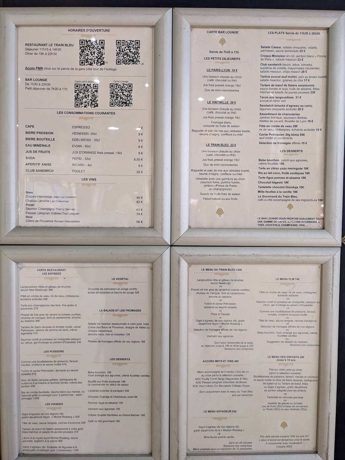 Menu at Le Train Bleu restaurant, Paris, Gare de Lyon