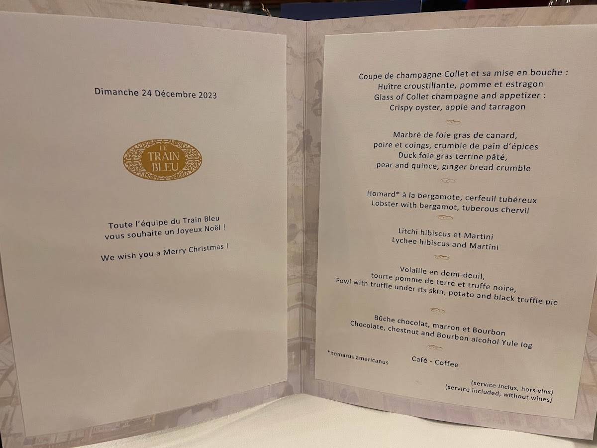 Menu at Le Train Bleu restaurant, Paris, Gare de Lyon