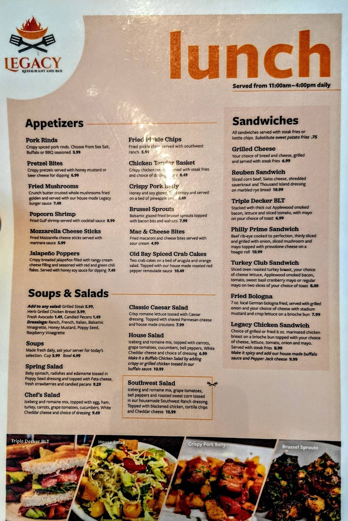 Menu at Legacy Restaurant & Bar, Marengo, 618 State Rte 61