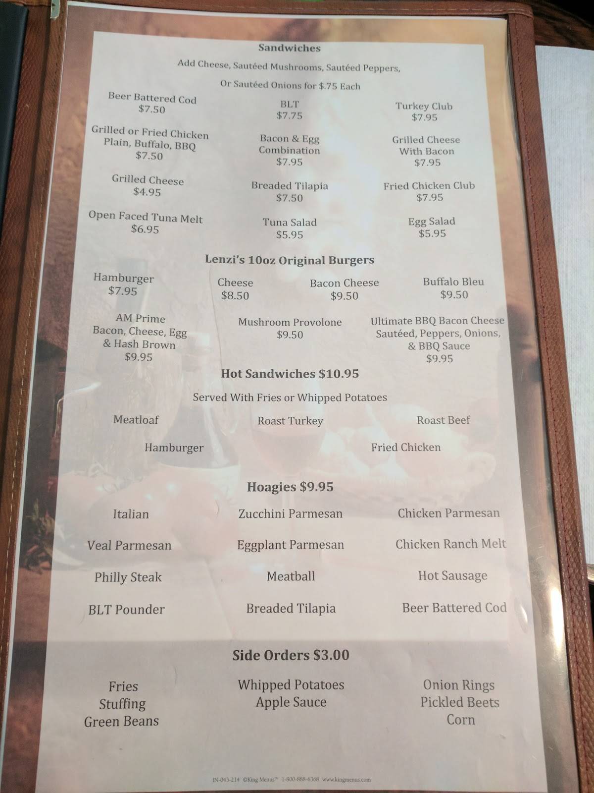 Menu at Lenzi's Restaurant, Monongahela