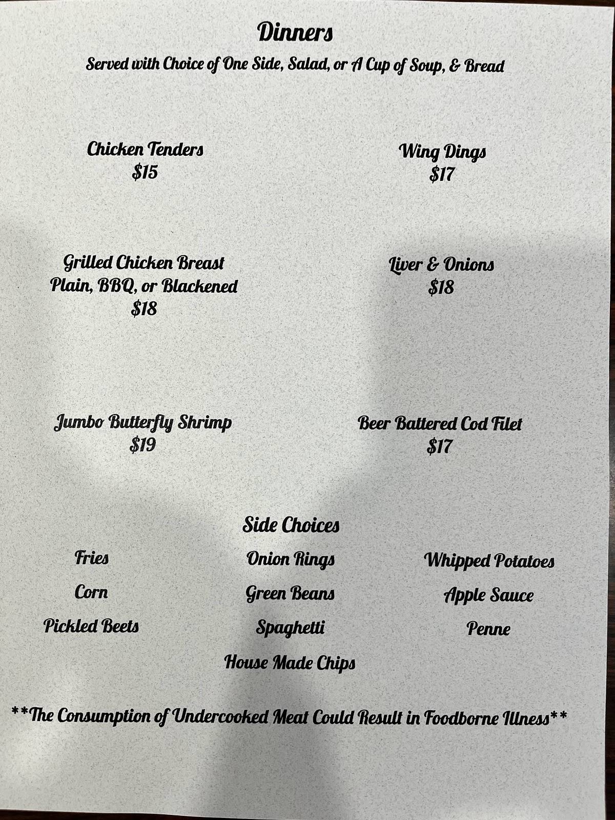 Menu at Lenzi's Restaurant, Monongahela