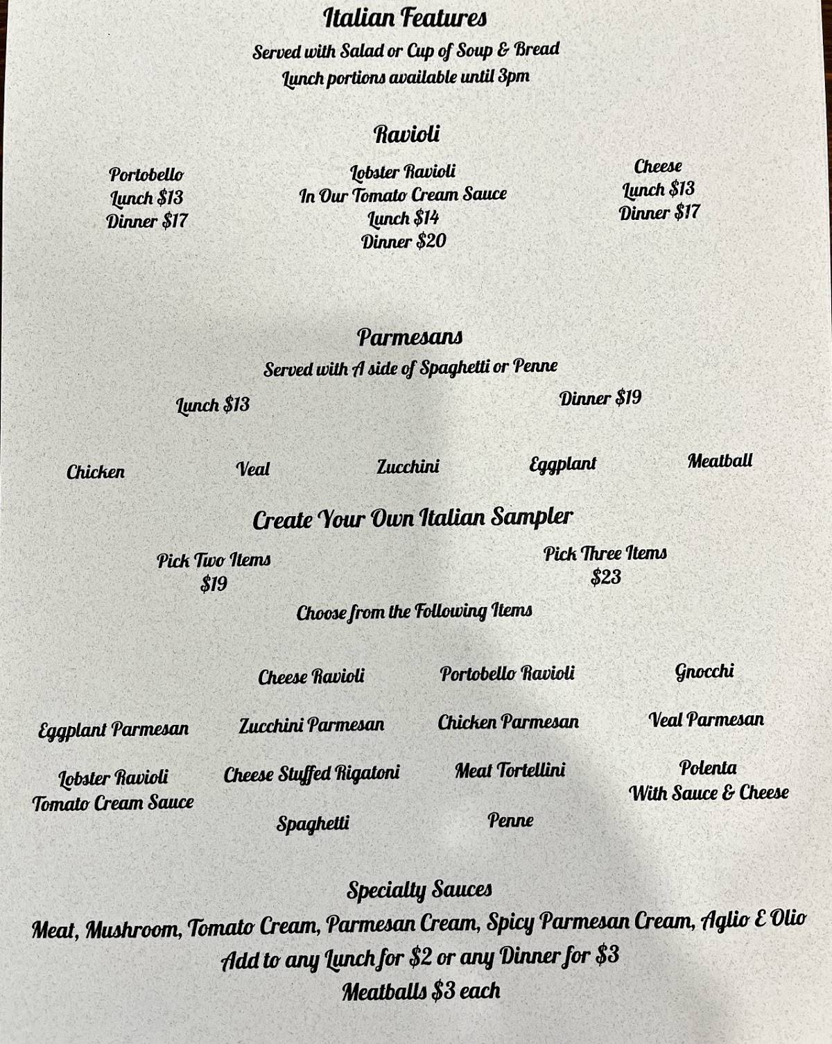 Menu at Lenzi's Restaurant, Monongahela