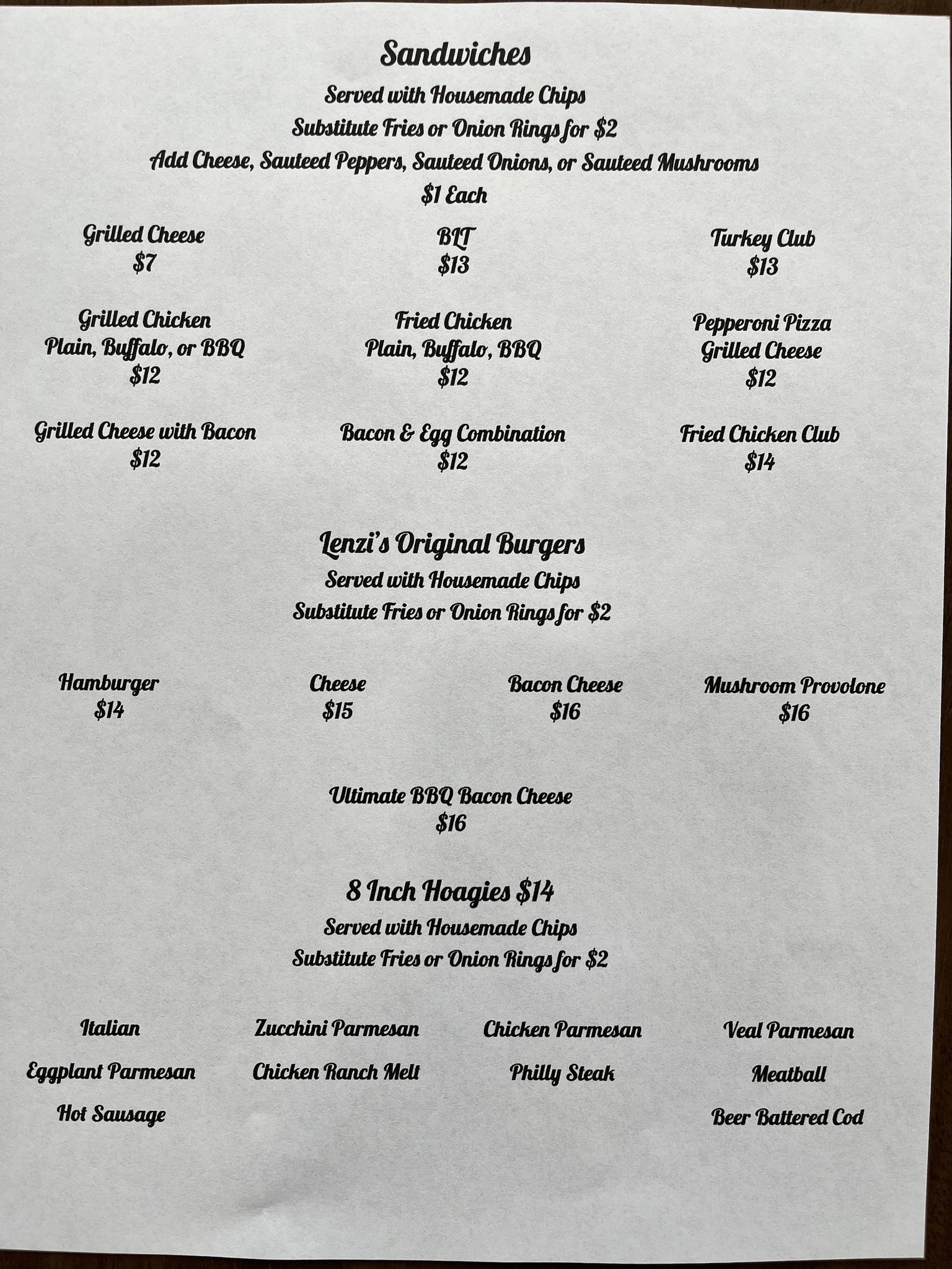 Menu at Lenzi's Restaurant, Monongahela