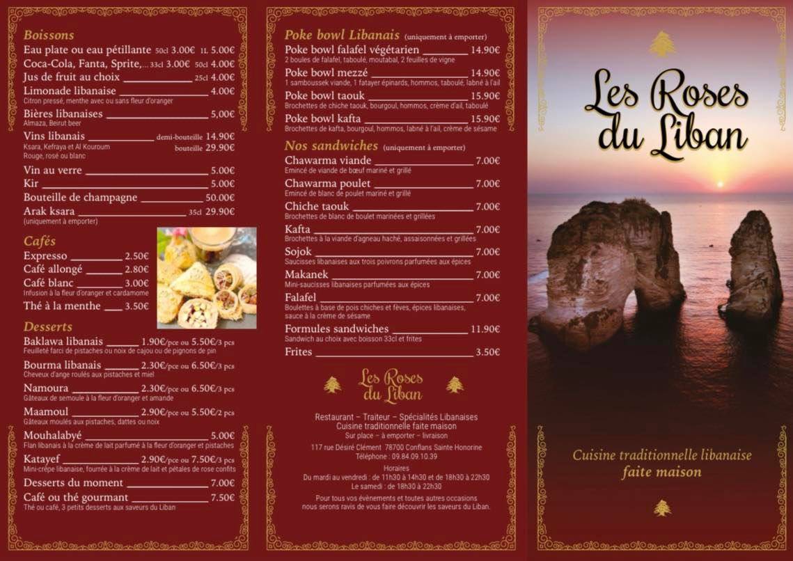 Carta del restaurante Les Roses du Liban, Conflans-Sainte-Honorine