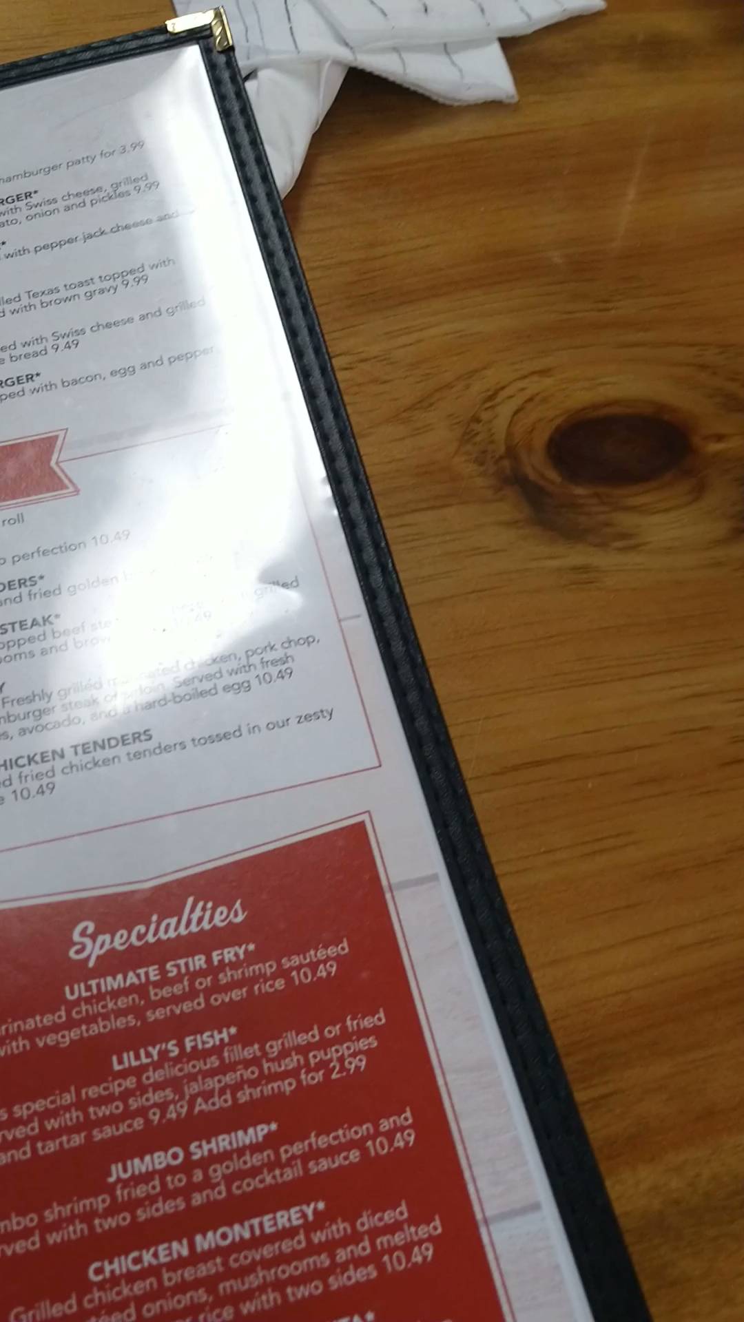 Menu at Lilly's Diner restaurant, Tulsa