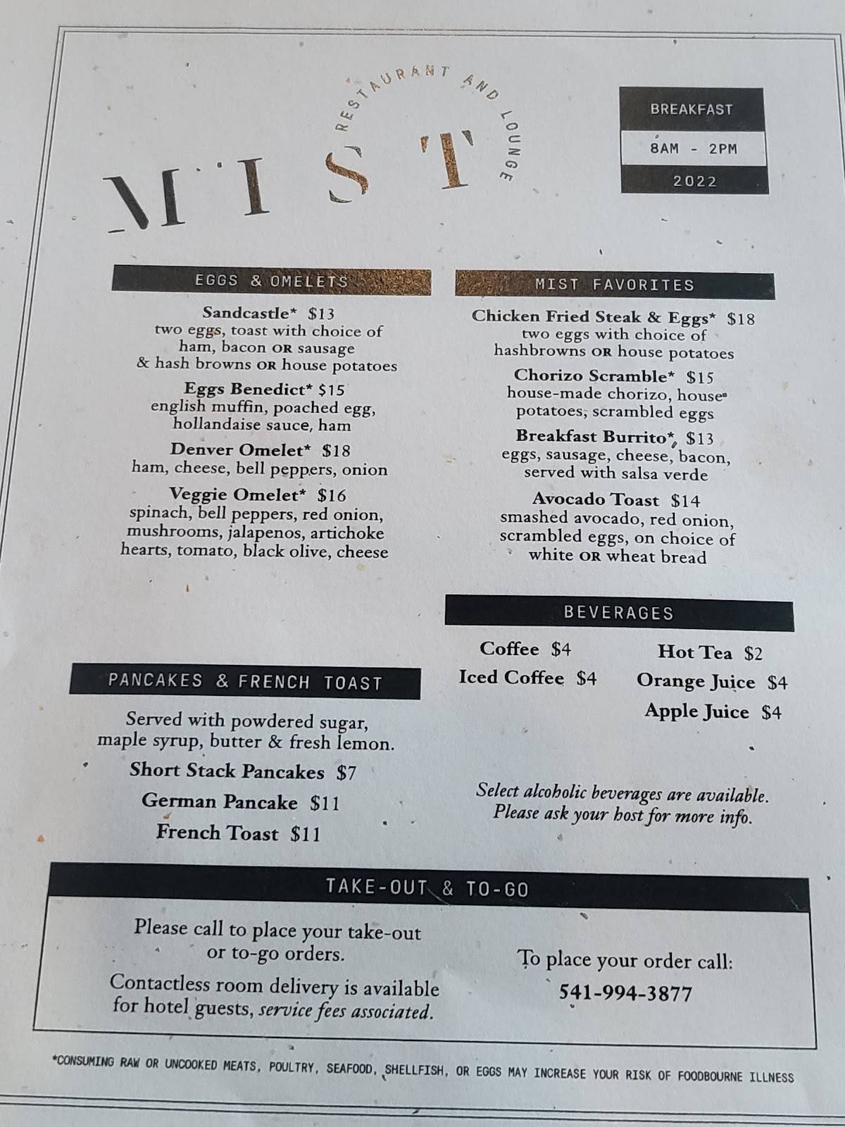 Menu at MIST Restaurant & Lounge, Lincoln City