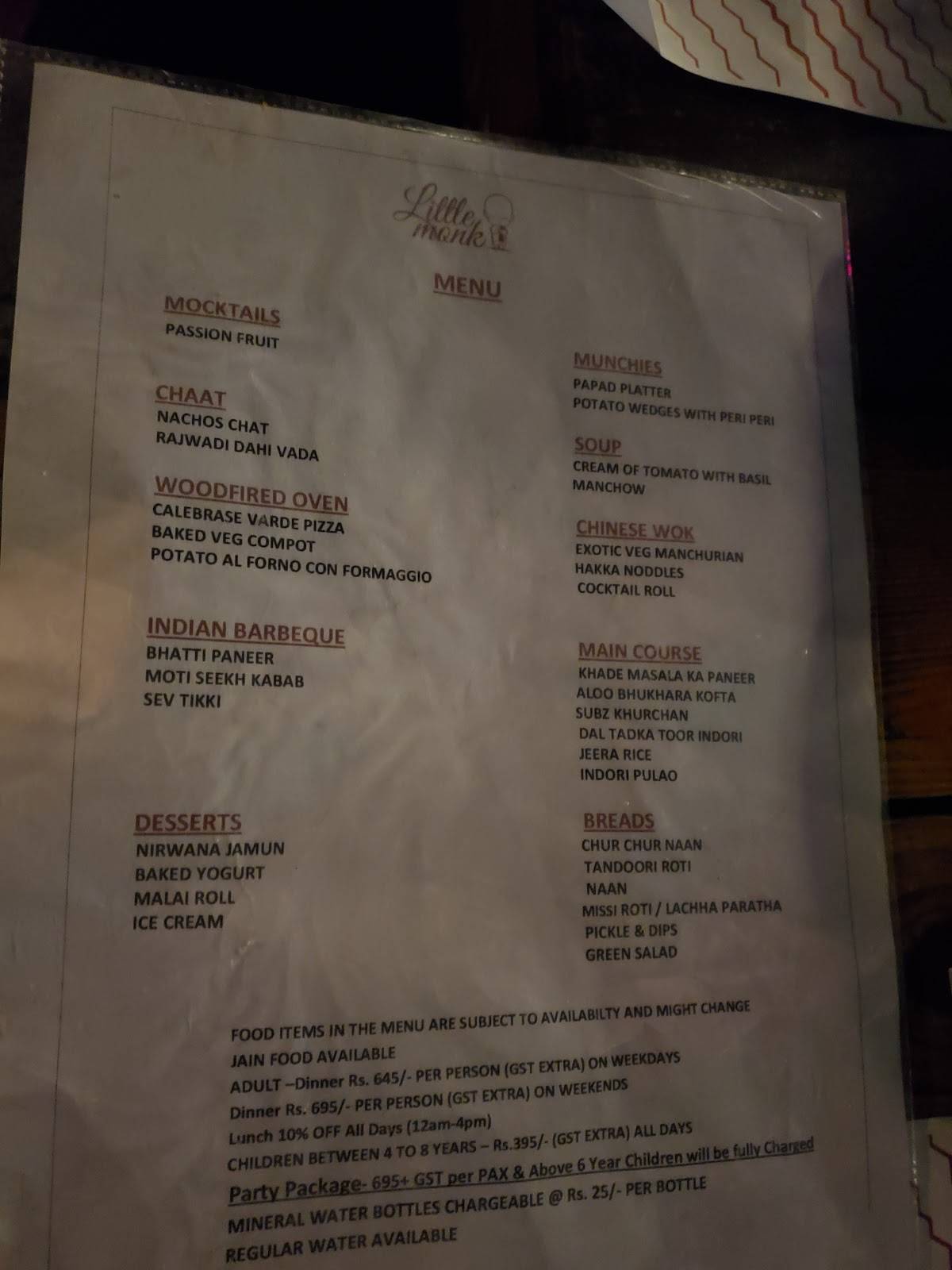 Menu at Little Monk-Fine Dine Restaurant, Indore, Monk's Nirvana Hotel ...