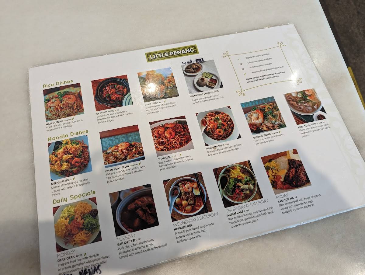 Menu at Little Penang restaurant, Wellington, 179 Victoria St