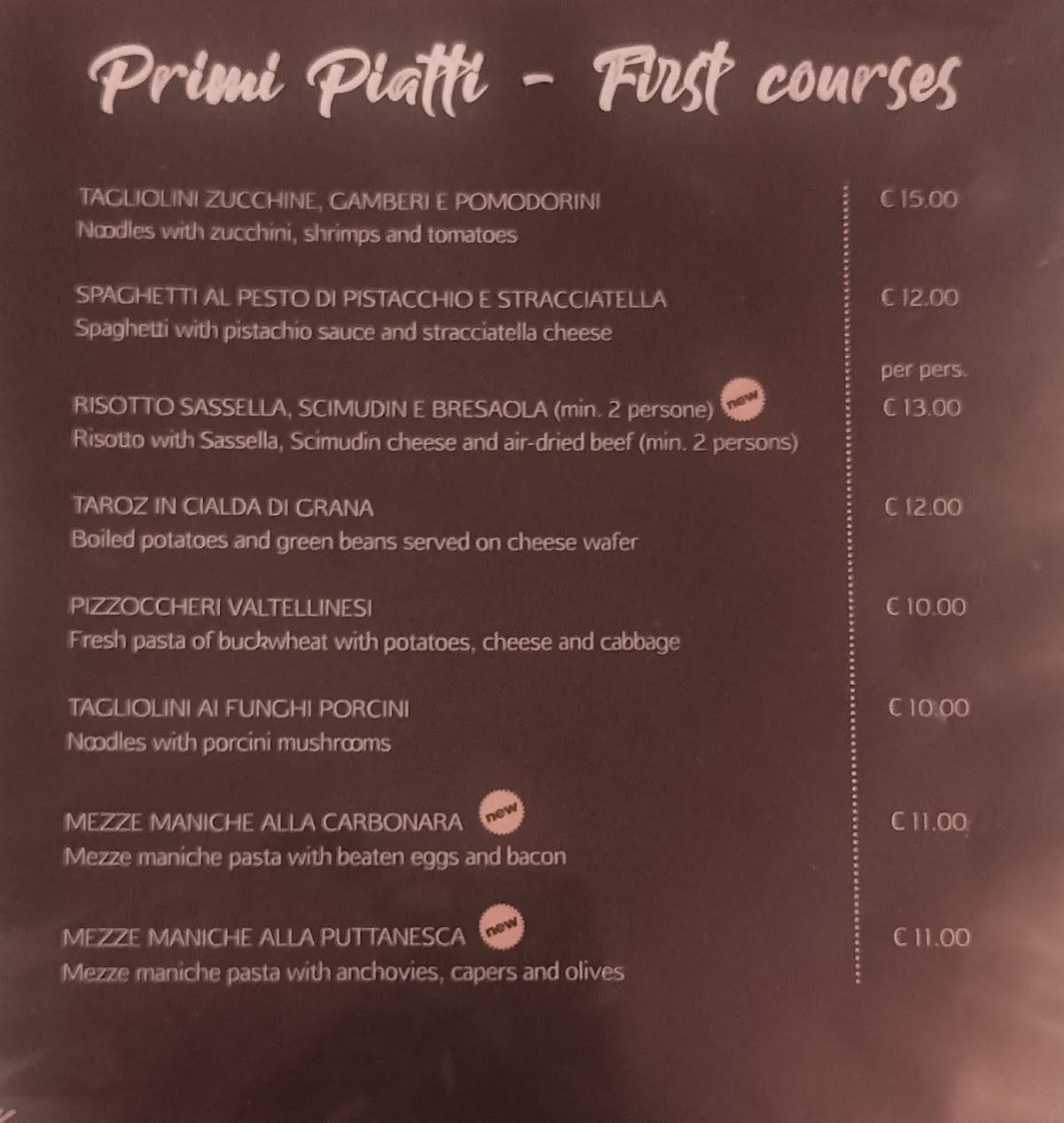 Menu at La Locanda restaurant, Livigno