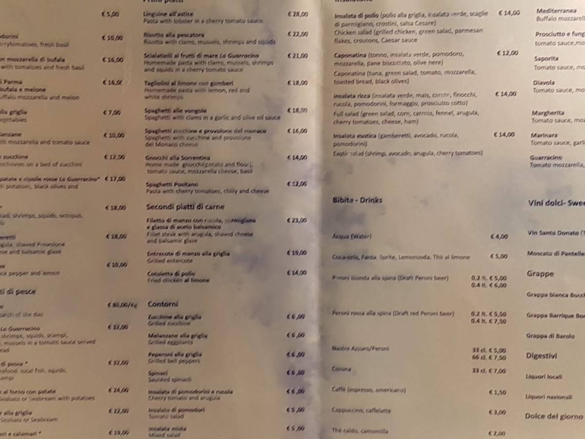 Menu at Lo Guarracino pizzeria, Positano, Via Positanesi d'America