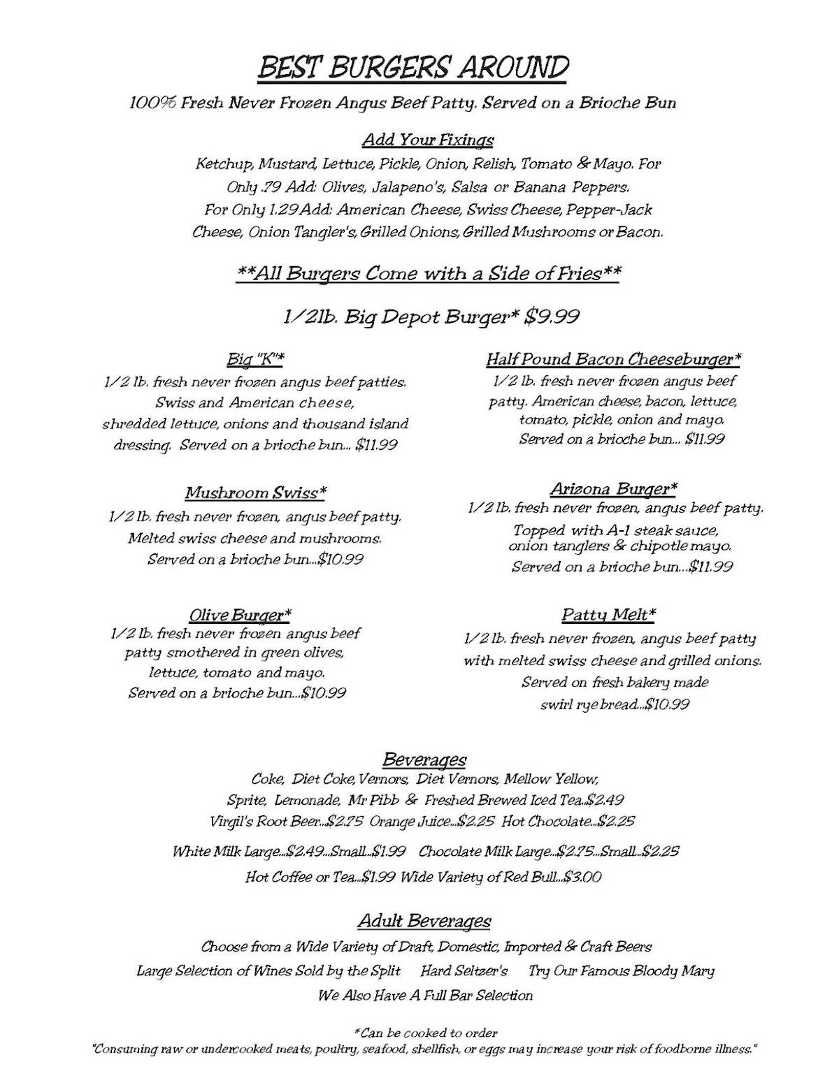 Menu at Logger's Depot pub & bar, West Branch