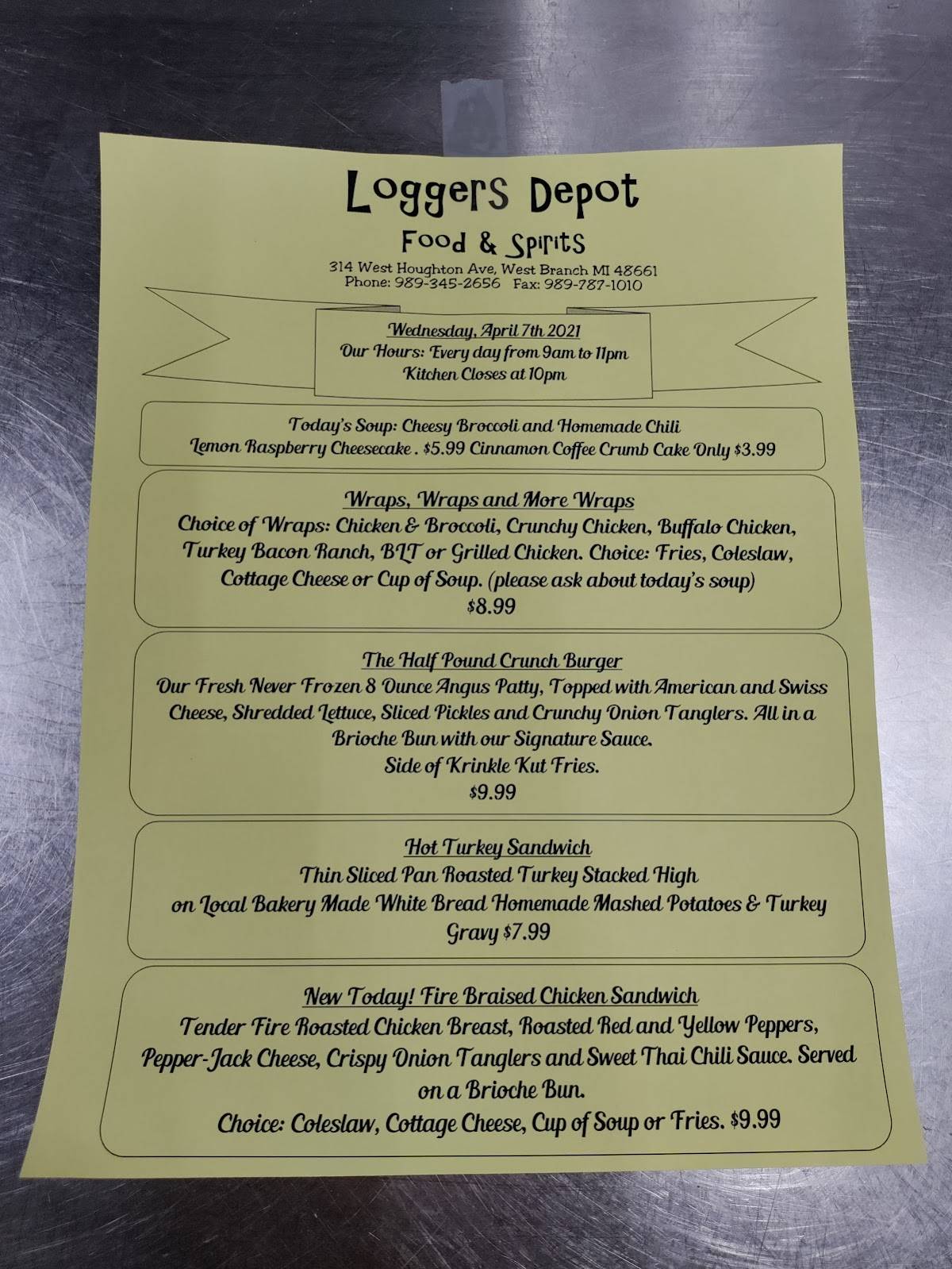 Menu at Logger's Depot pub & bar, West Branch