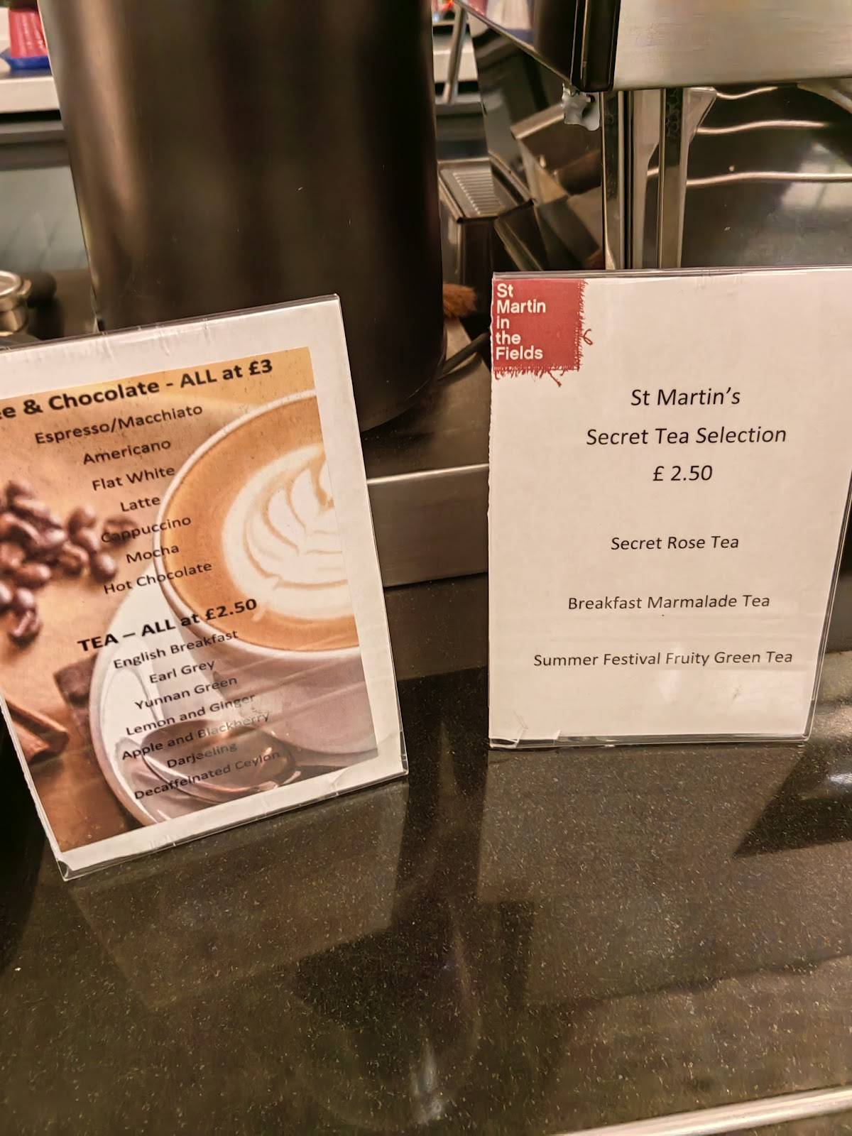 Menu at Café in the Crypt cafe, London, Trafalgar Sq
