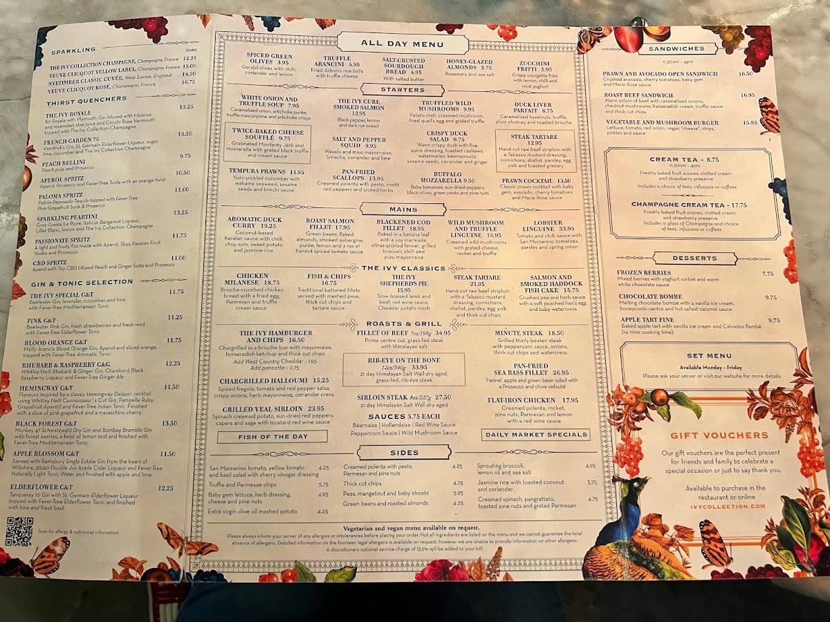 Menu at The Ivy restaurant, London, 1-5 West St