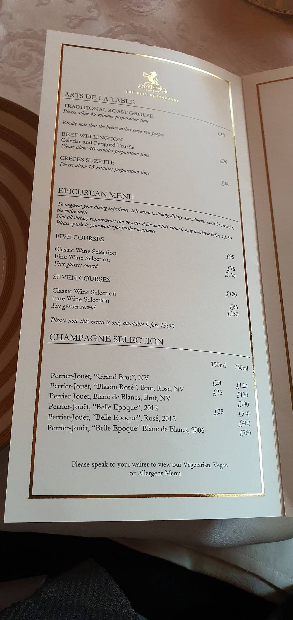 Menu at The Ritz Restaurant, London