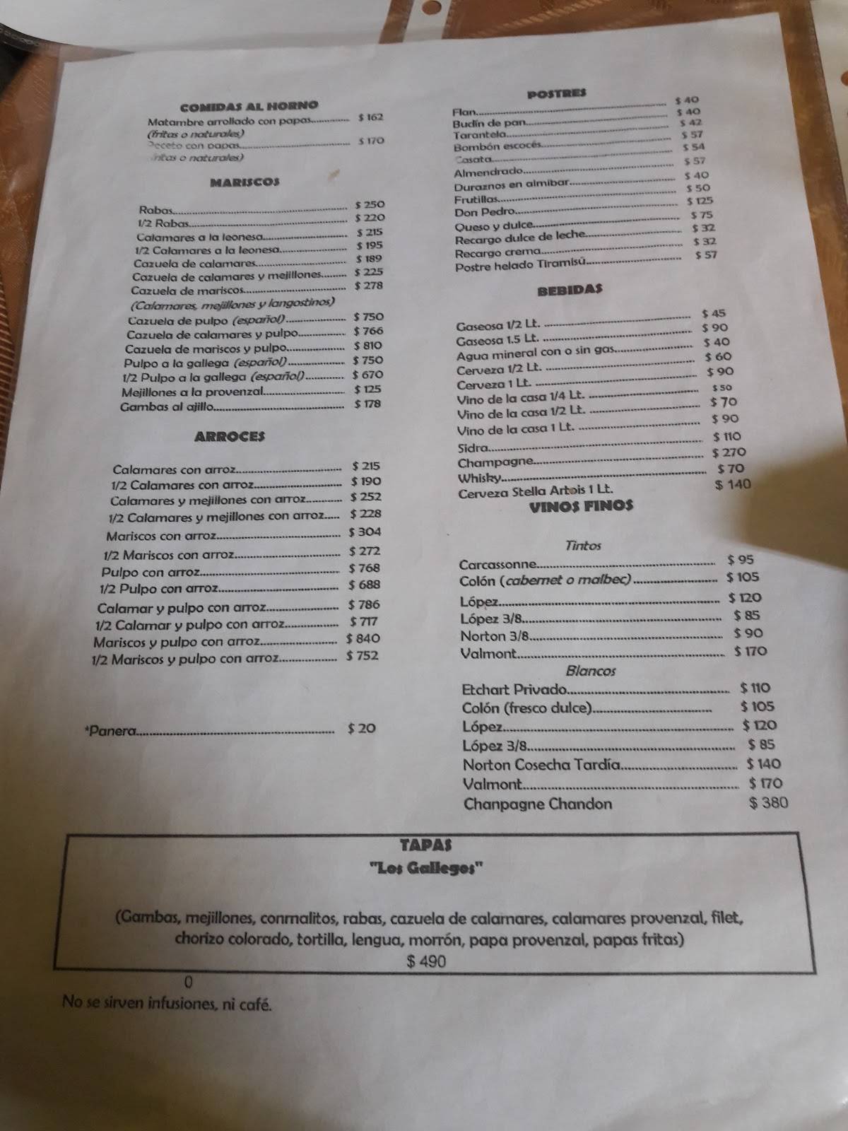Carta del restaurante Los Gallegos, Quilmes, Pres. Juan Domingo Perón 358