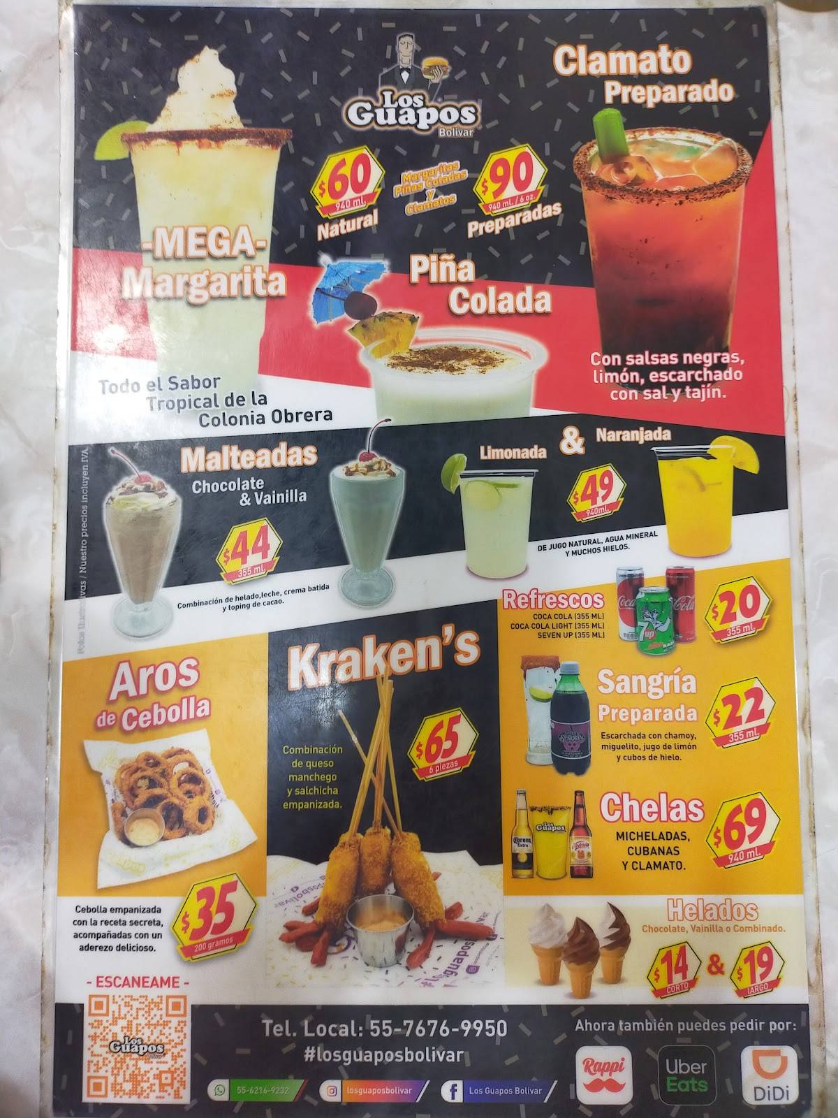 Carta del restaurante Los Guapos, Mexico, Simón Bolívar 255