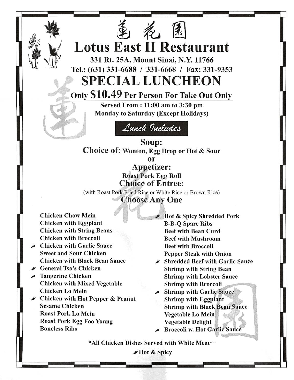 Menu at Lotus East II restaurant, Mount Sinai
