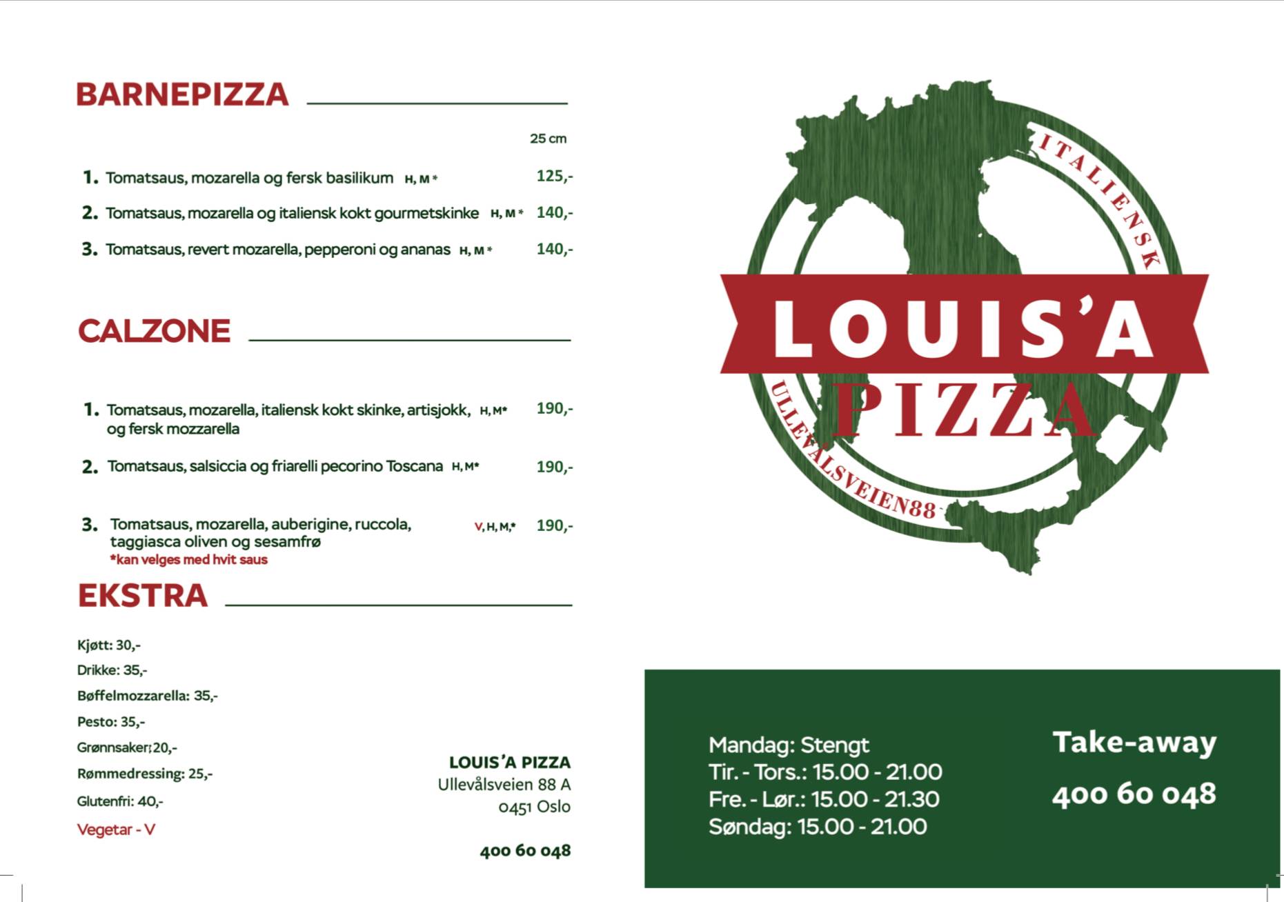Menu at Louis pizza Ullevåls veien 88 pizzeria, Oslo
