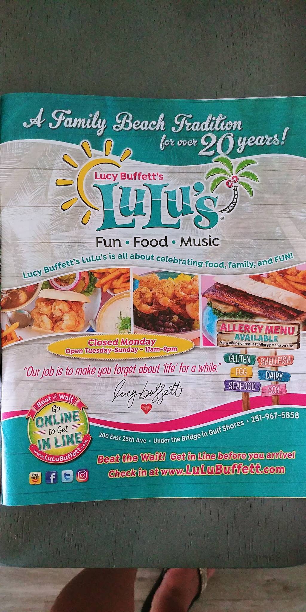 Menu at LuLu's Gulf Shores restaurant, Gulf Shores
