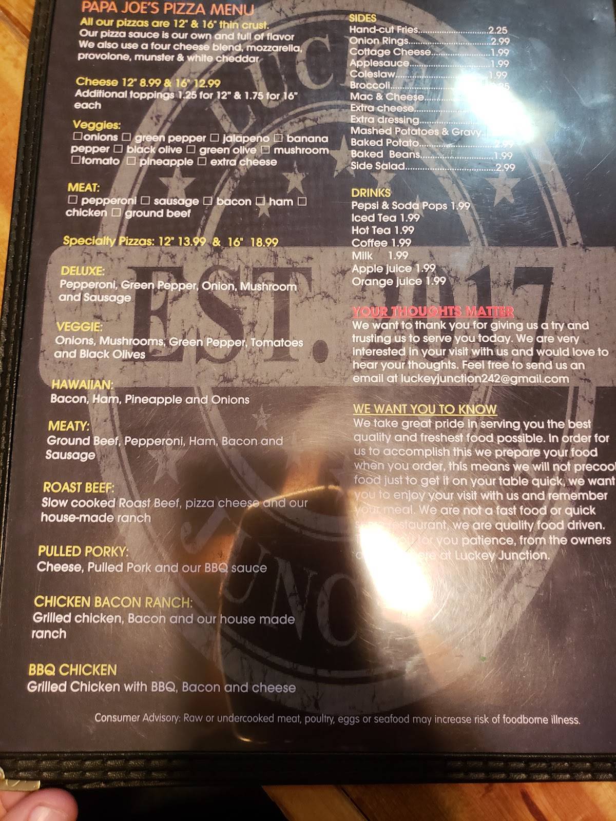 Menu at Luckey Junction restaurant, Luckey
