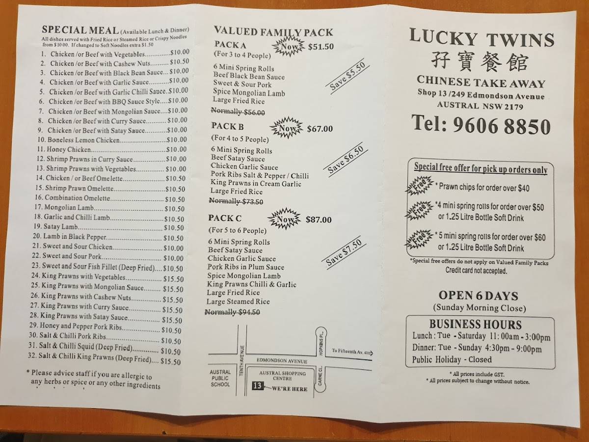 Menu at Lucky Twins Austral fast food, Austral