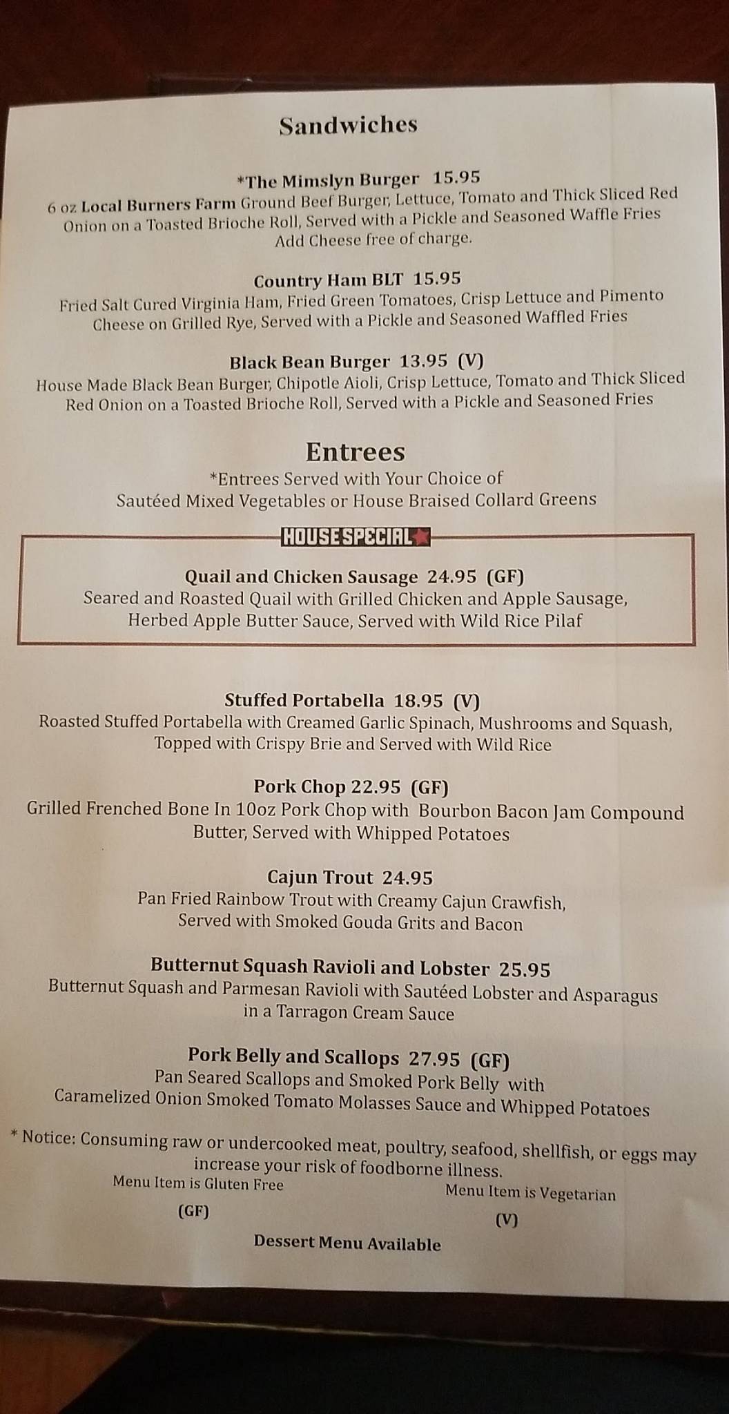 Menu at Circa ‘31 restaurant, Luray