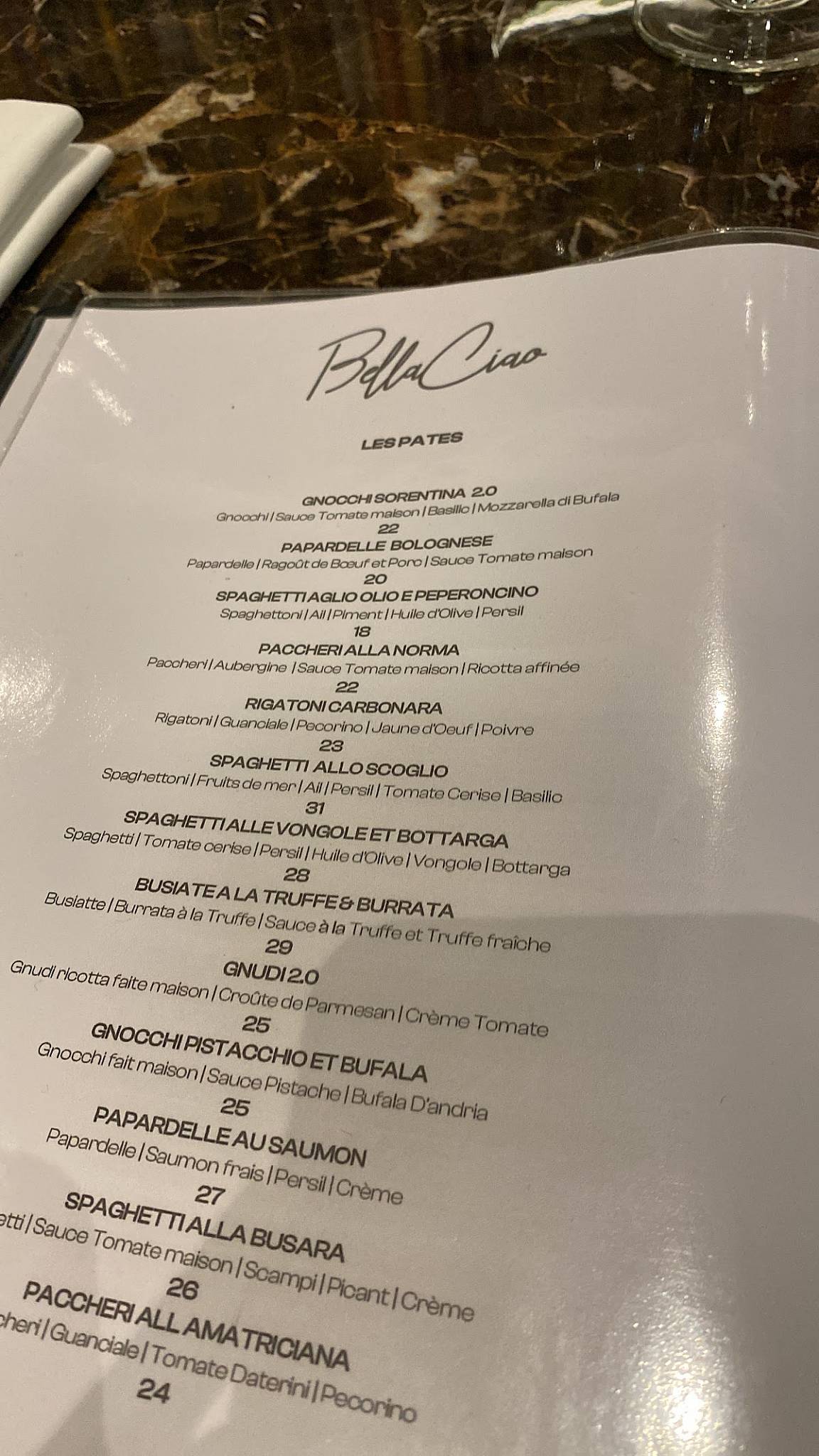 Menu at Bella Ciao City restaurant, Luxembourg City
