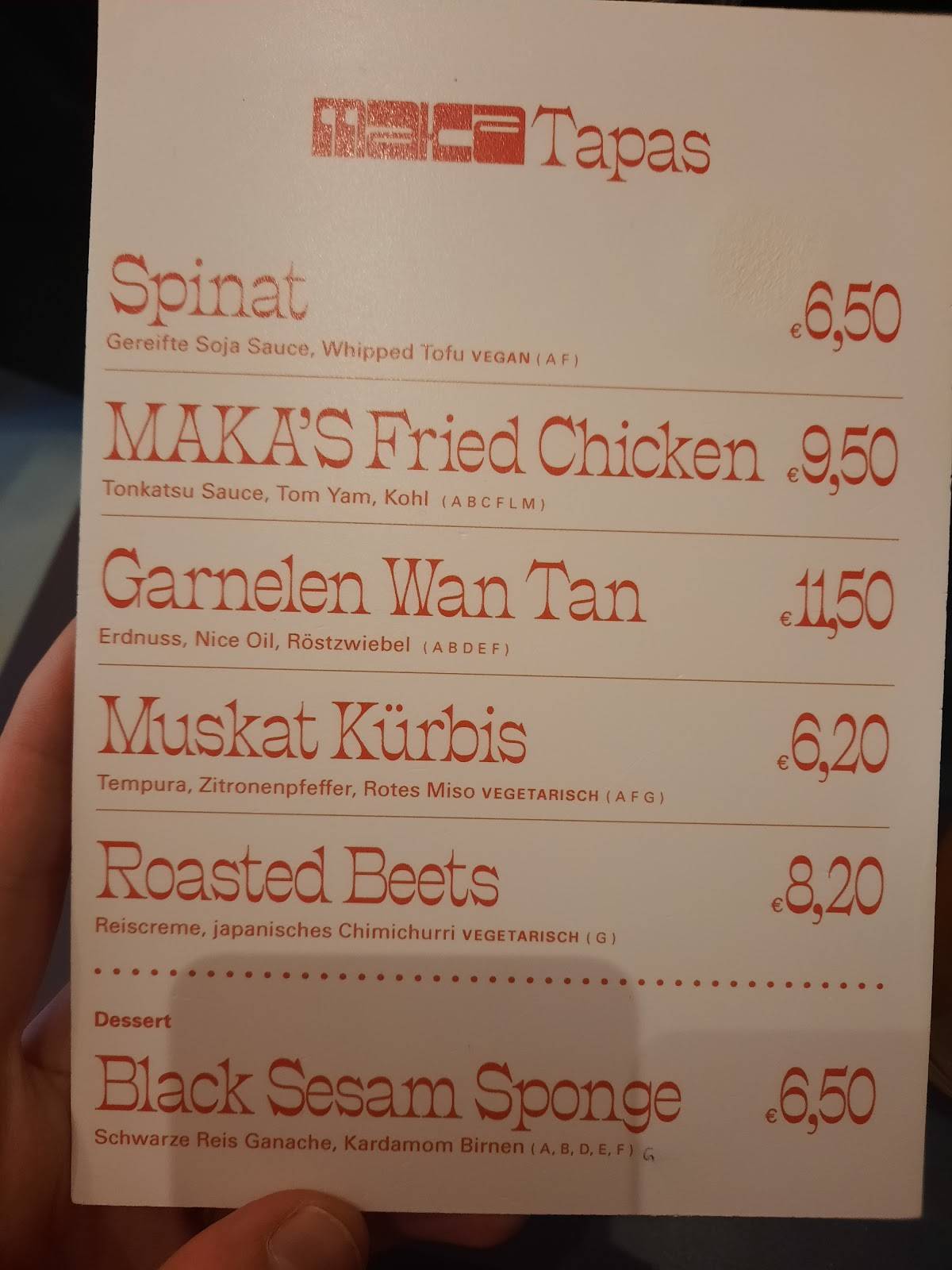 Menu at MAKA Ramen restaurant, Vienna
