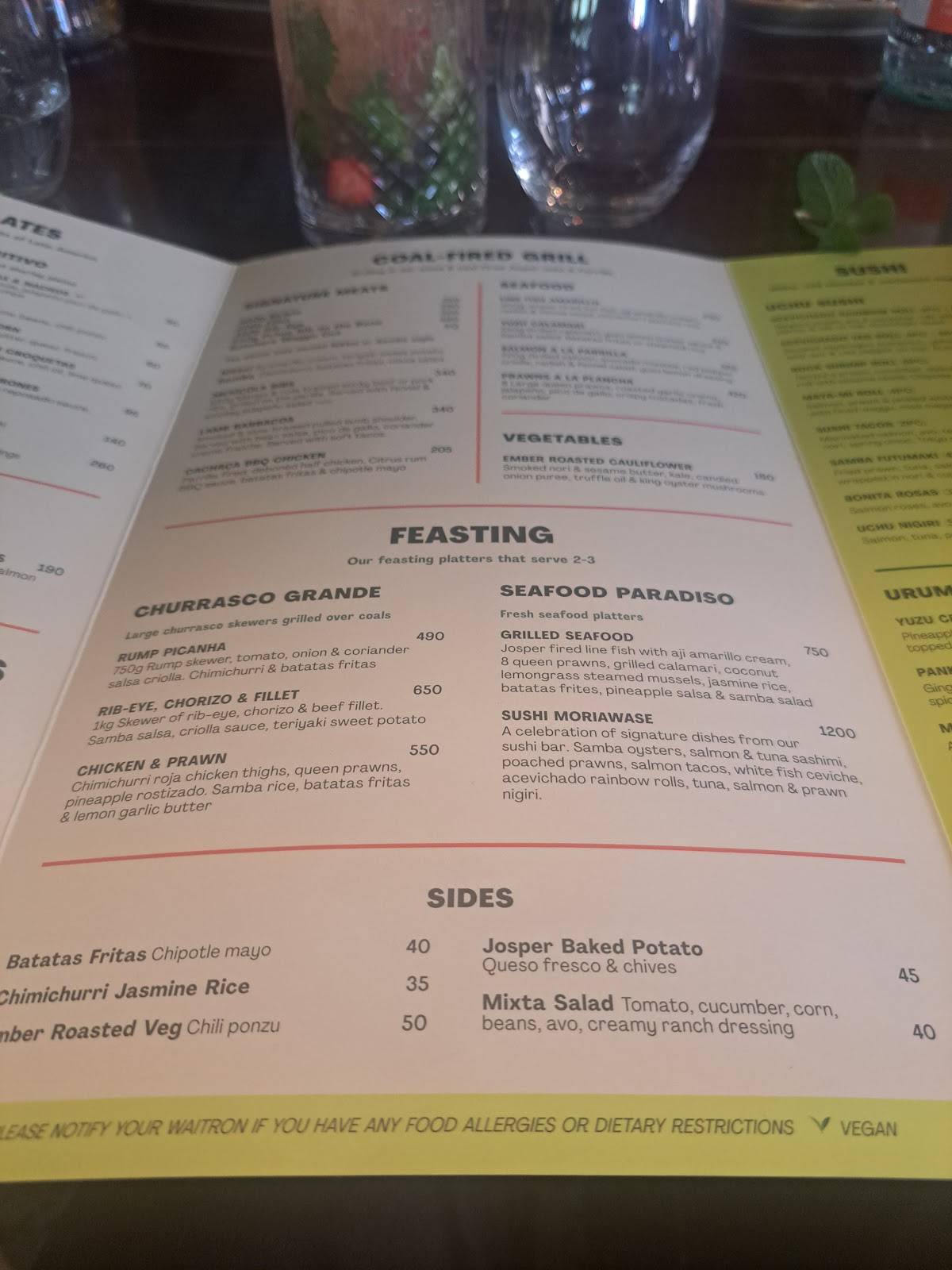 Menu at MAMASAMBA pub & bar, Johannesburg