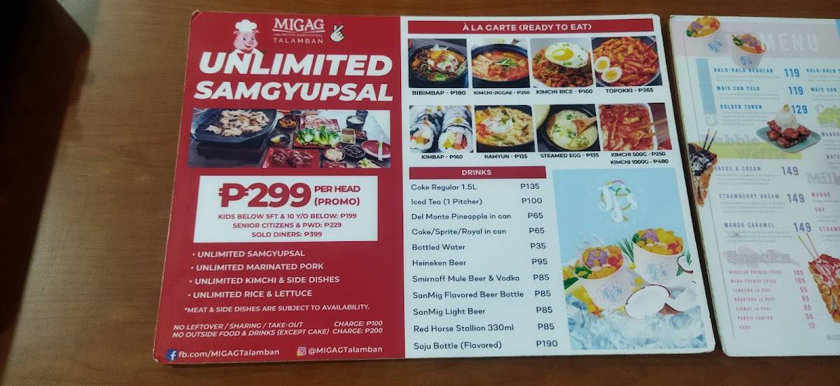 Menu at MIGAG Talamban - Unlimited Samgyupsal restaurant, Cebu City