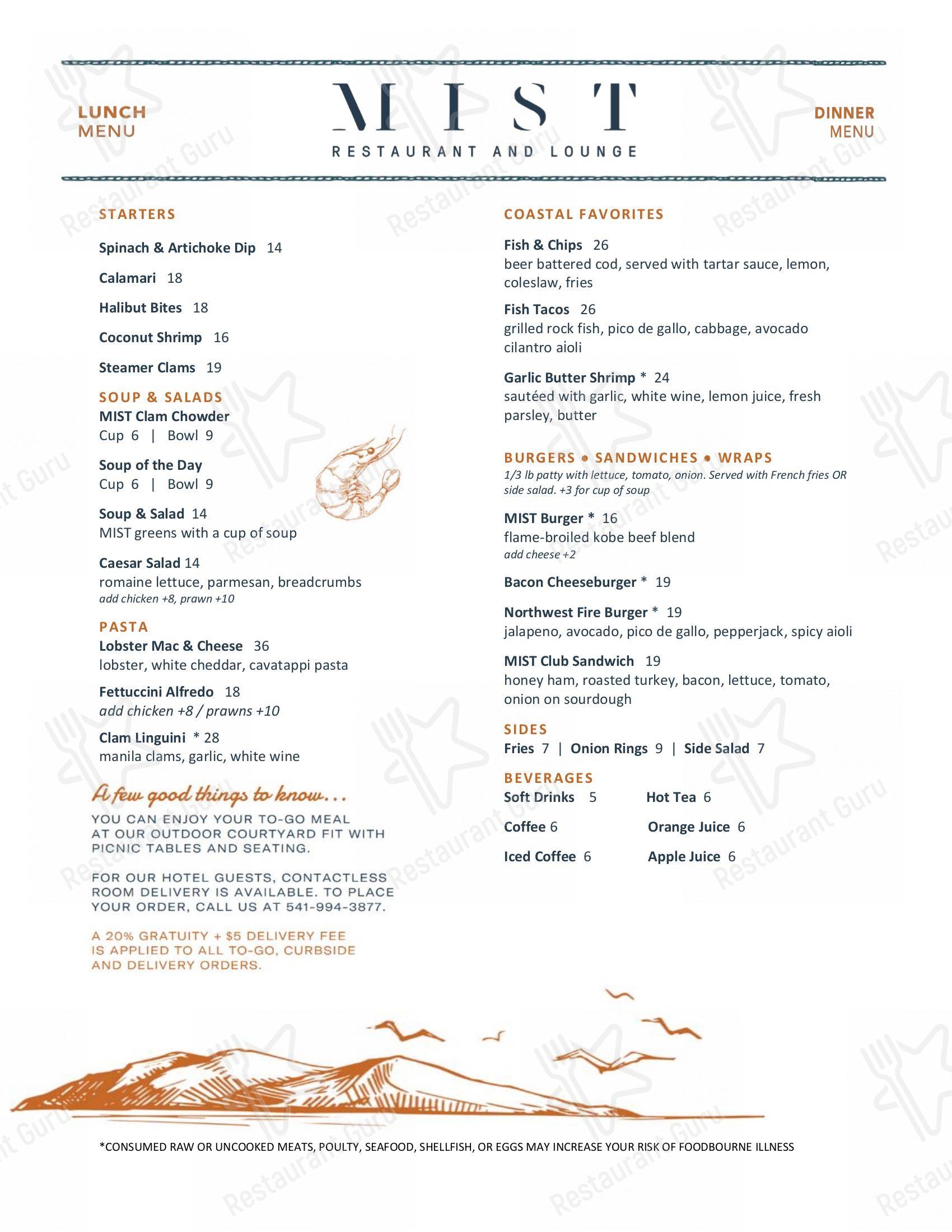 Menu at MIST Restaurant & Lounge, Lincoln City