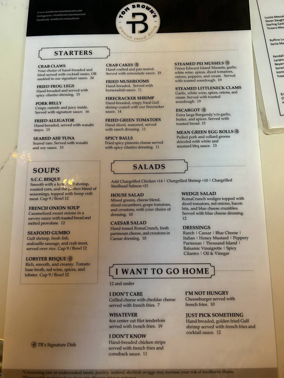 Menu at Tom Brown's Restaurant - Madison, Madison