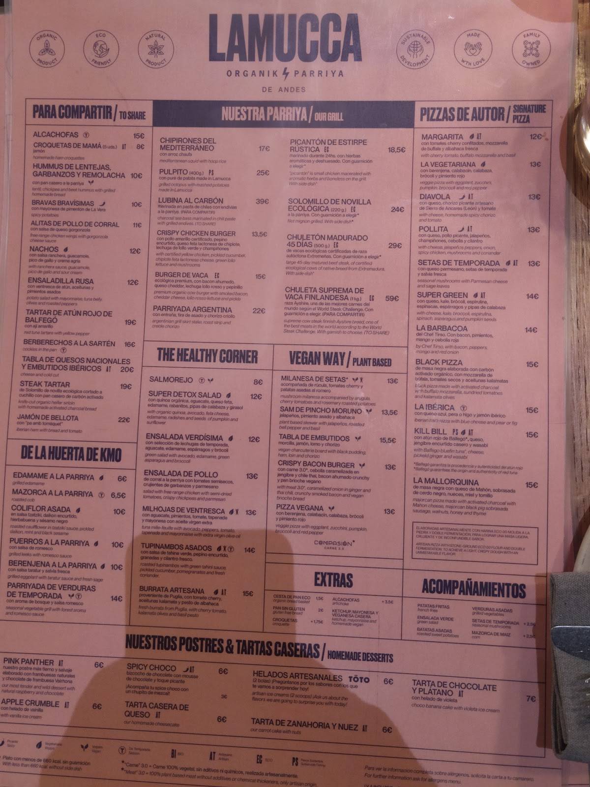 Carta del restaurante Lamucca, Madrid, Av. del los Andes