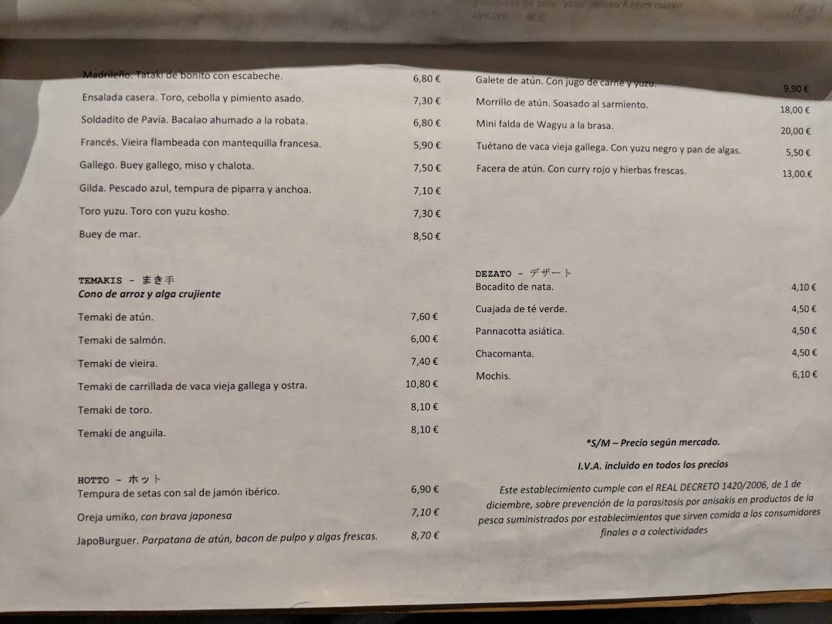 Carta de Umiko Restaurante Japonés Fusión, Madrid, C. de los Madrazo