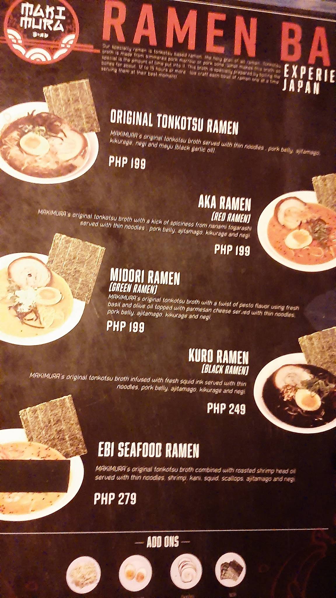 Menu at Makimura Ramen Bar, Angeles, Tinio Building