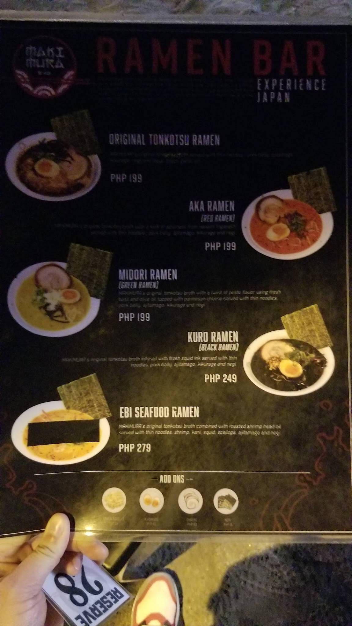 Menu at Makimura Ramen Bar, Angeles, Tinio Building