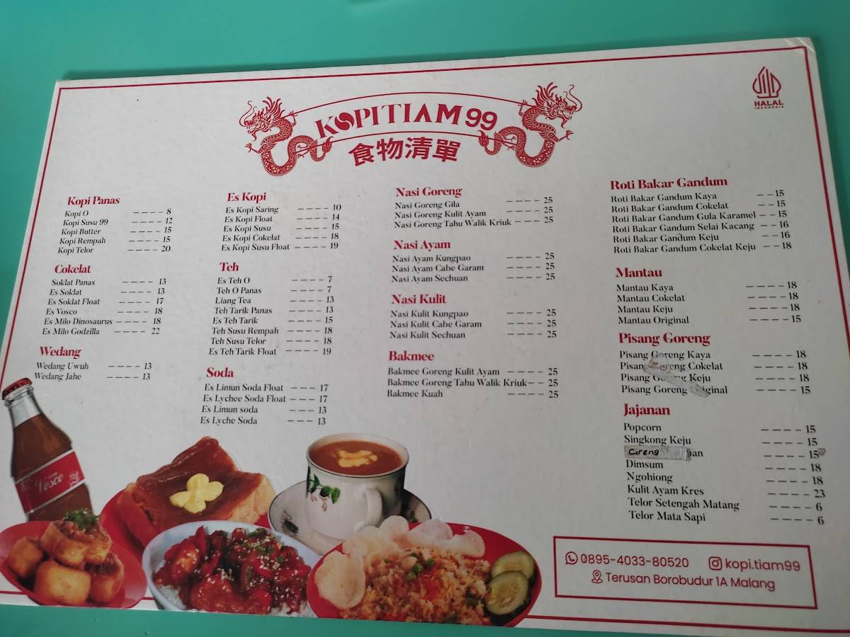 Menu at Kopitiam 99 restaurant, Malang